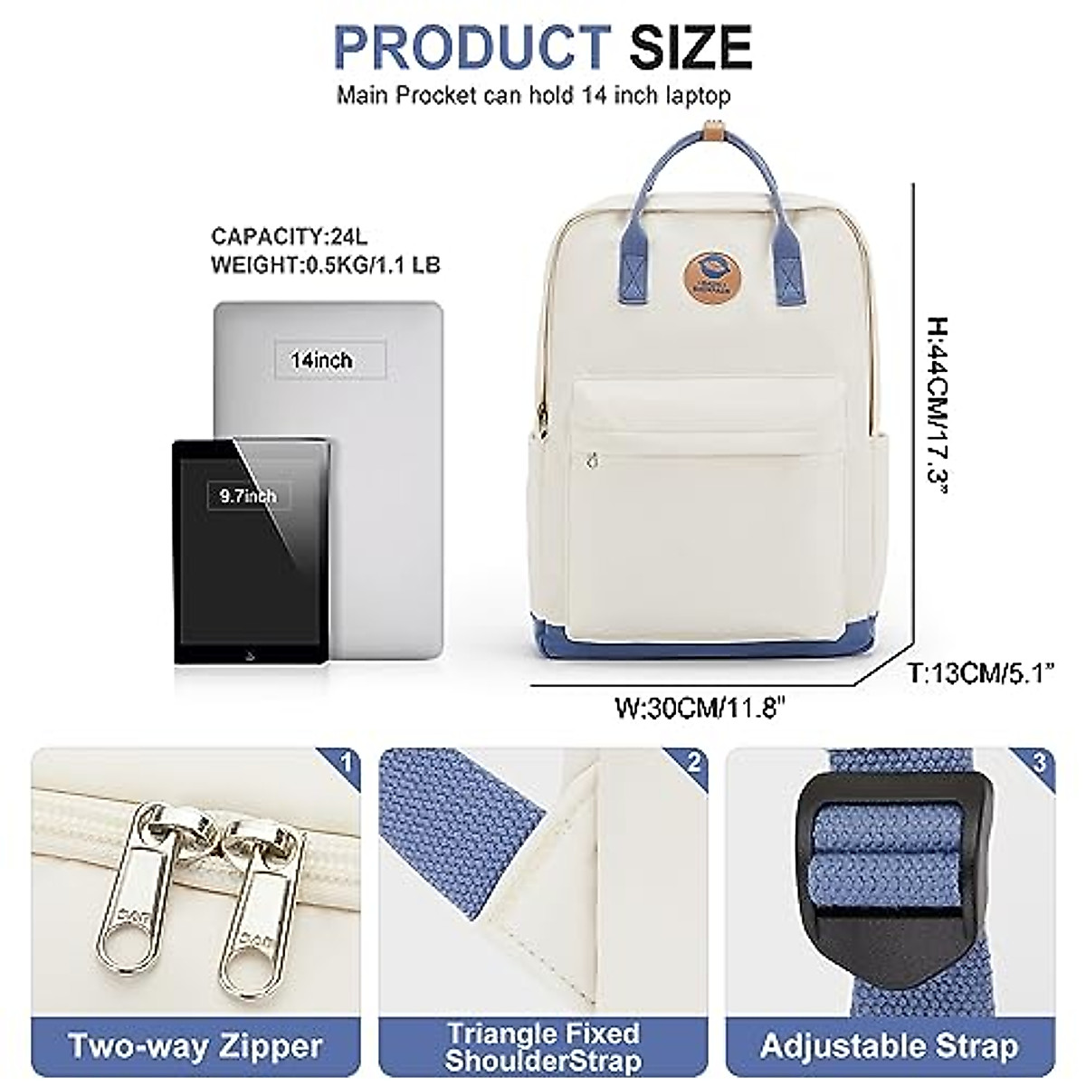 weradar Preppy Backpacks For High School Teens Boys Girls,Aesthetic School Bag,Waterproof Casual Daypacks Student Travel Backpack,Cute College Backpack For Women Men(Beige Blue)