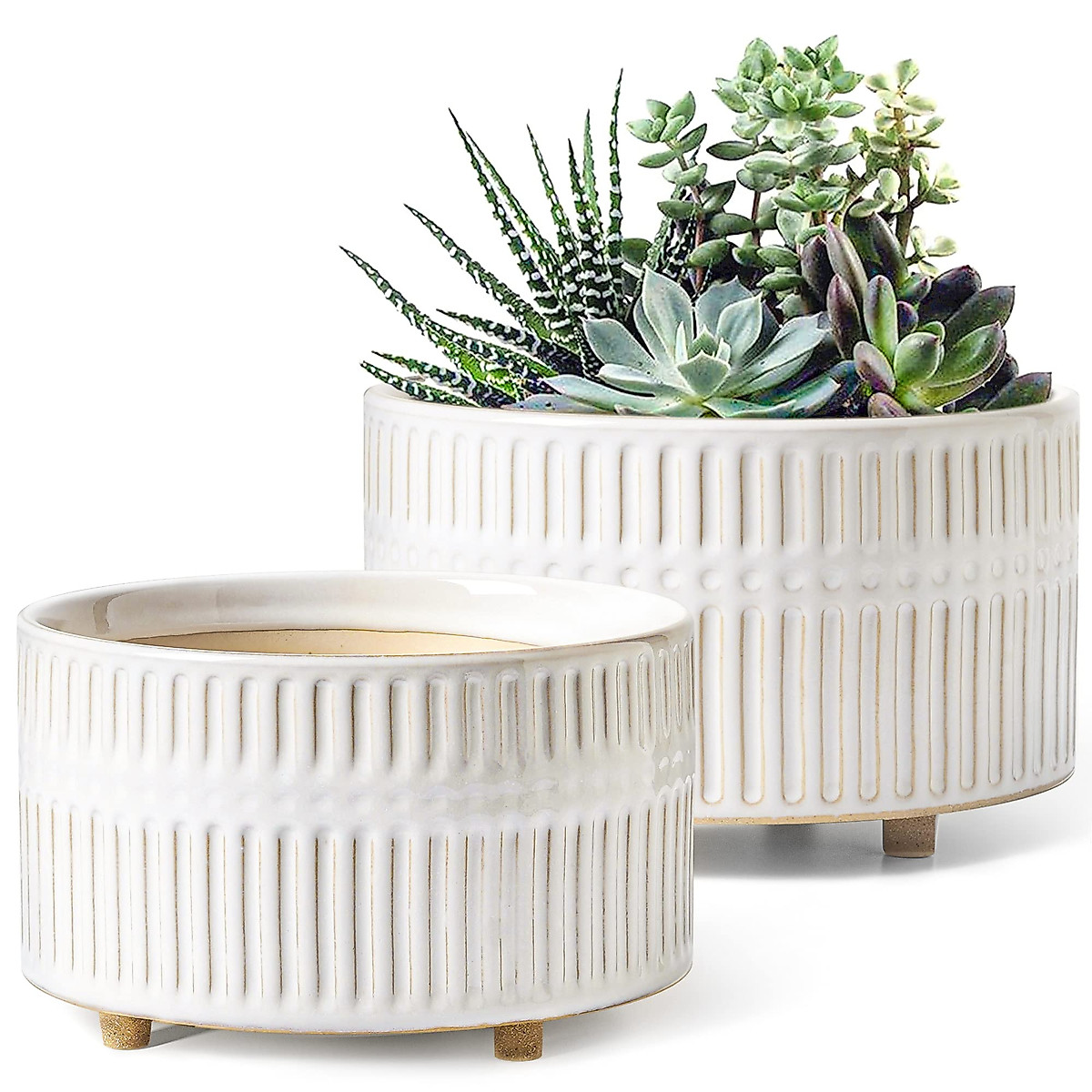 LE TAUCI Succulent Pots, 6.5+8 Inch Ceramic Indoor Plant Pot with Drainage Hole, Modern Round Decorative Flower Pot, Set of 2, Reactive Glaze White