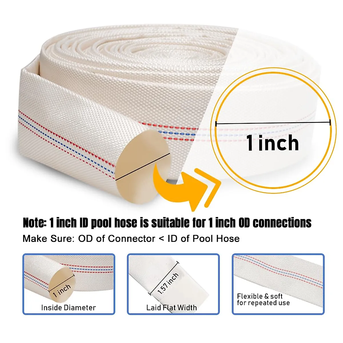 Eoiips 1 Inch x 26.2 Feet Length Swimming Pool Backwash Hose, PVC Lay-Flat Garden Hose Water Discharge Hose with Adjustable Hose Clamp for Patio Garden Lawn Irrigation & Swimming Pool