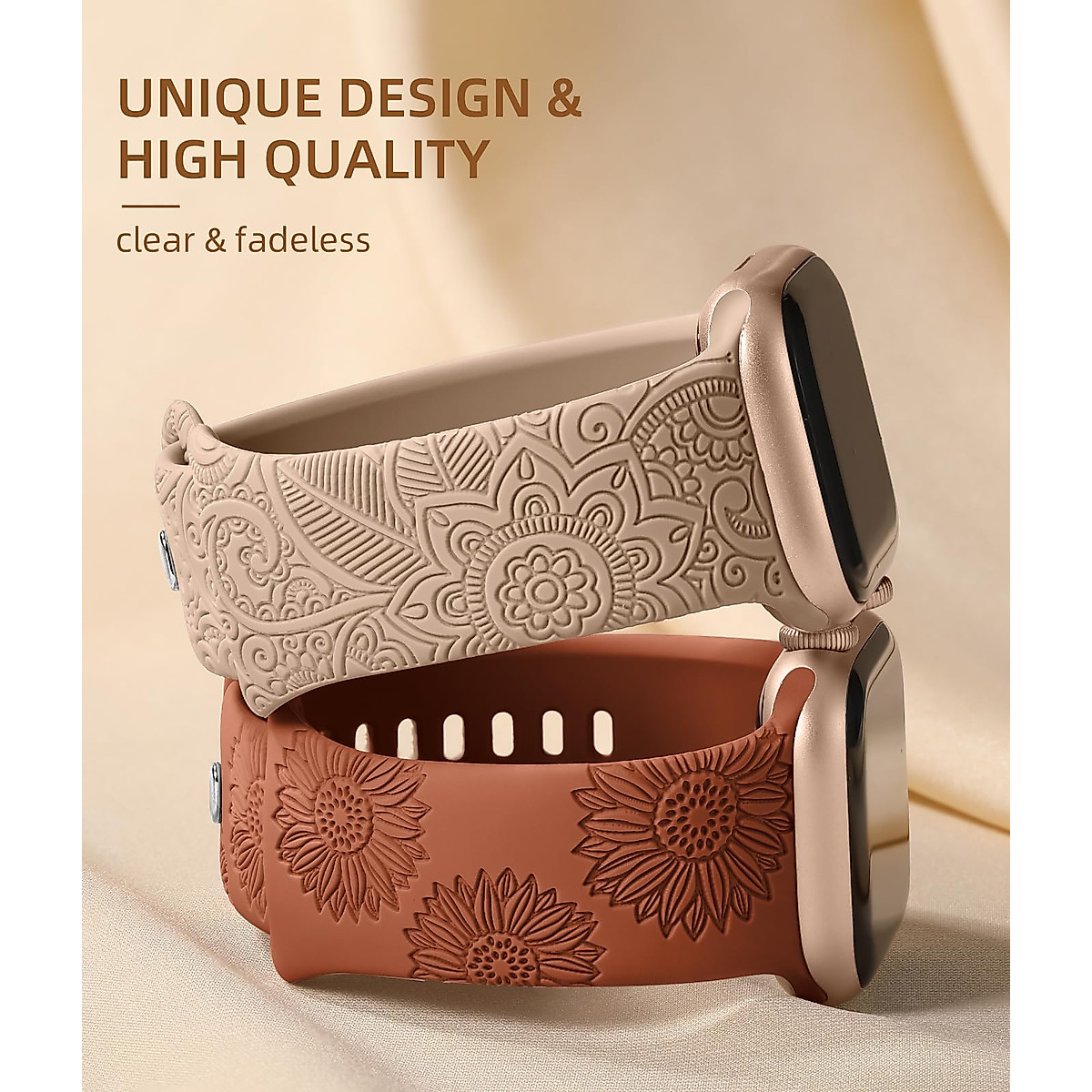 Odbeai Floral Engraved Band Compatible with Apple Watch Bands for Women 38mm 40mm 41mm 42mm 44mm 45mm 46mm 49mm,Soft Silicone Cute Pattern Sport Strap for iWatch Bands Women Series 10 9-1 SE Ultra1/2