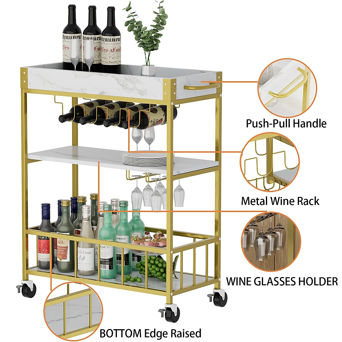 Azheruol Bar Cart White Marble 3 Tiers Removable Storage Tray with Wine Rack & Wine Glasses Holder,Rolling Beverage Cart,Mobile with Handle, Wood & Gold Steels Home Kitchen Shelf for Party