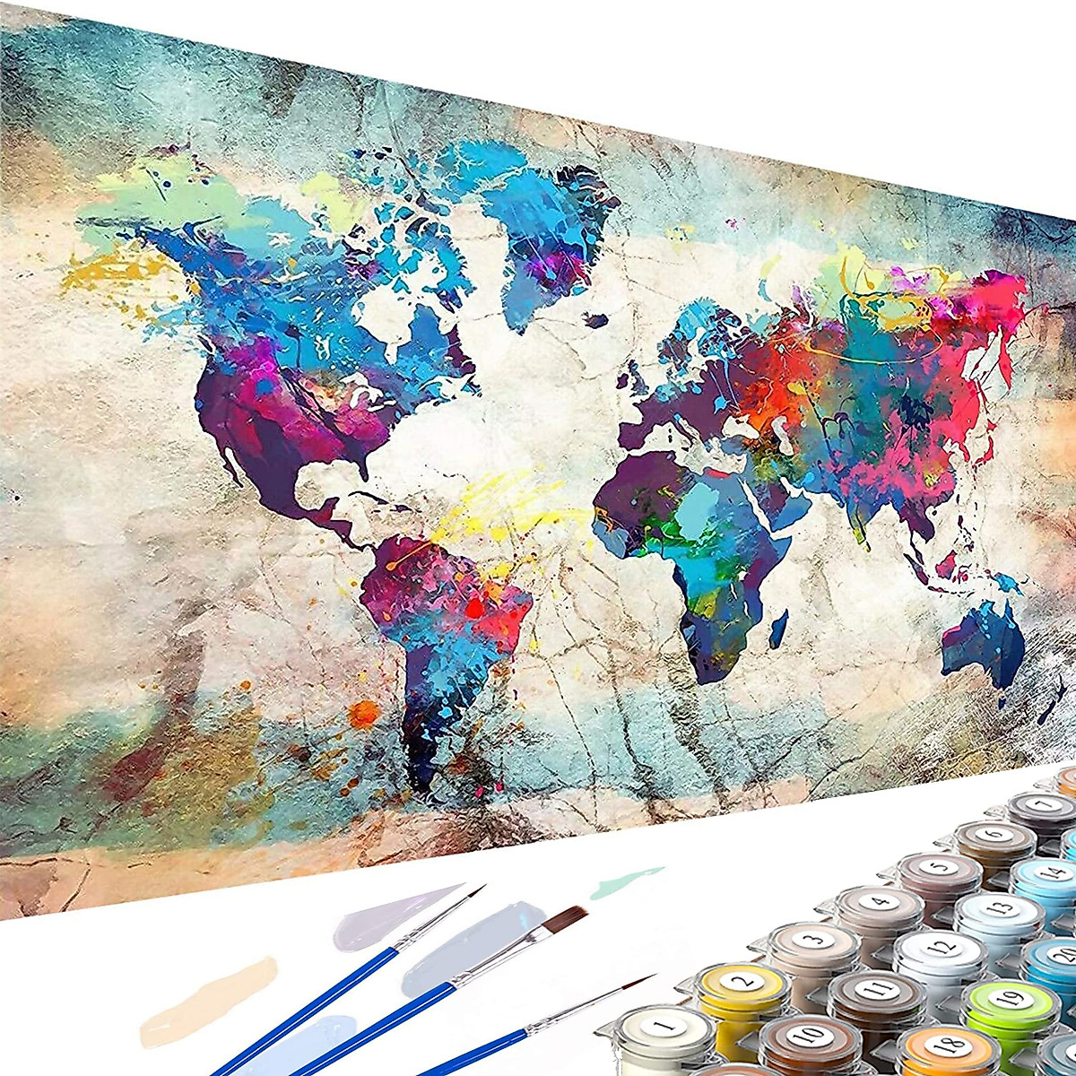 YALKIN Paint by Number Kits for Adults on Canvas, Large Oil Acrylic Painting Kit 15.8x35.5in World Map Easy DIY Paintwork for Beginners, without Frames