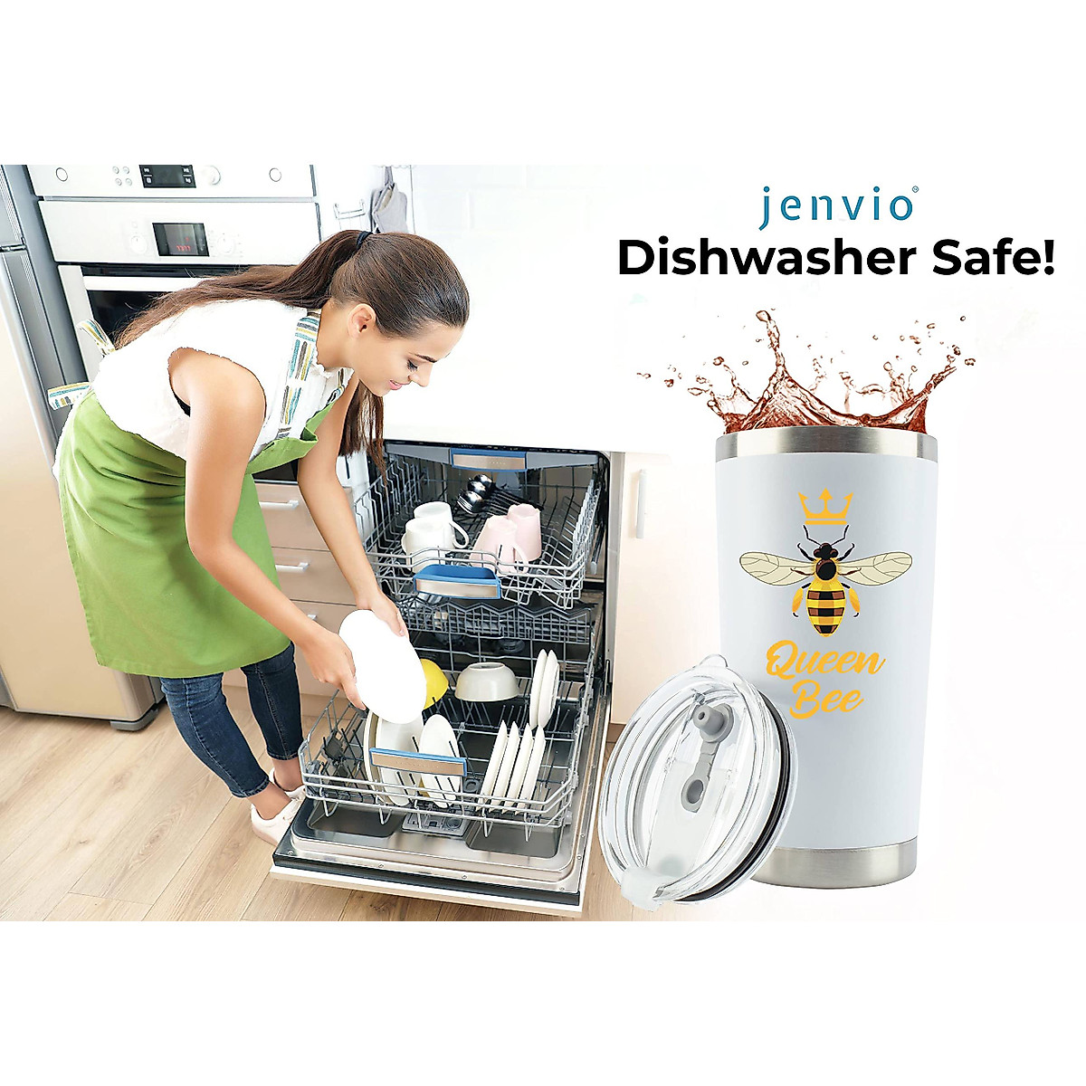 JENVIO Bee Mothers Day Gifts for Women | Queen Bee Lover | White Stainless Steel Wine/Coffee Travel Tumbler/Mug Includes Lid 2 Straws and Gift Box | Valentine's Day Bumble Bee (20 Ounce)