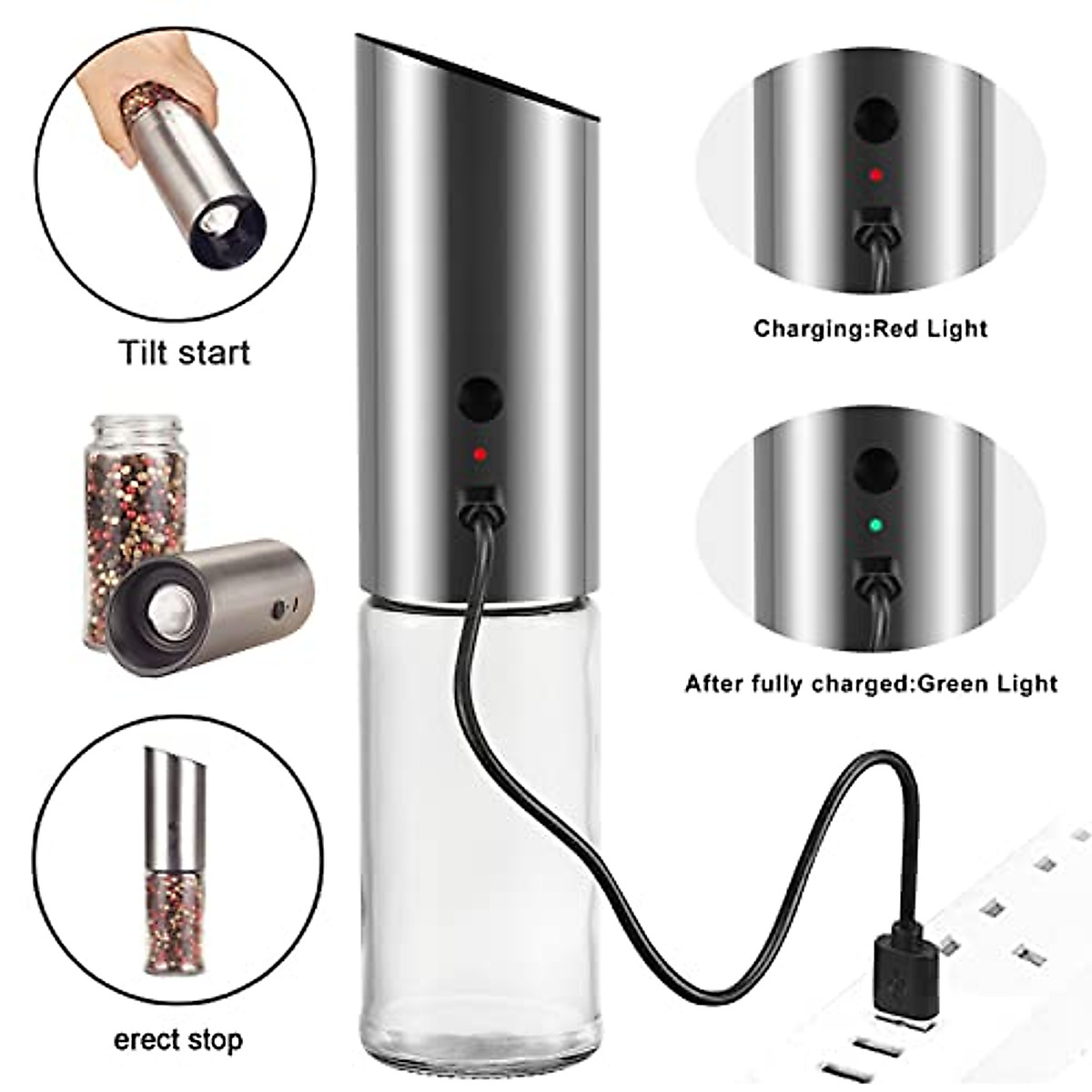 DLD Electric Pepper Grinder USB Rechargeable, Automatic Pepper and Salt Mill Grinder with LED Light, Quick Charging Grinder, Adjustable Coarseness, One Hand Operation