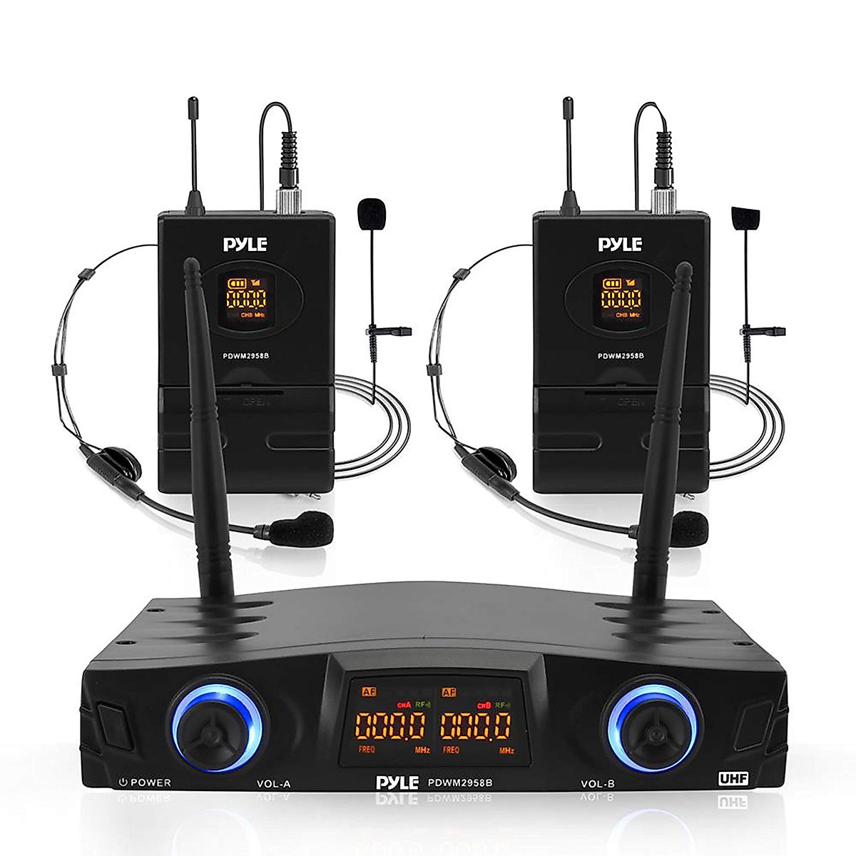Compact UHF Wireless Microphone System - Pro Portable Dual Channel Desktop Digital Mic Receiver Set w/ 2 Belt-Pack Transmitter, Receiver, 2 Headset, Lavalier Mics, XLR, for Home, PA - Pyle PDWM2958B