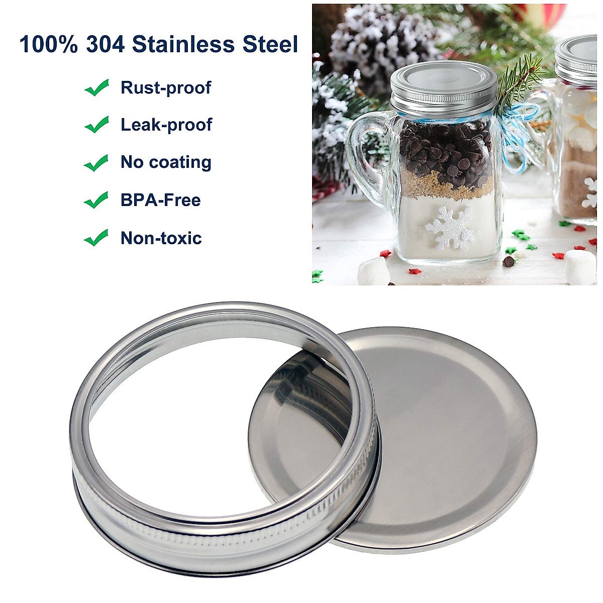 Stainless Steel Rust Proof Mason Jar Canning Lids and Bands/Rings - 10 Pack - Split-Type Mason Jar Tops/Caps for Wide Mouth (86MM) Jars, Polished Surface, Reusable, Leak Proof
