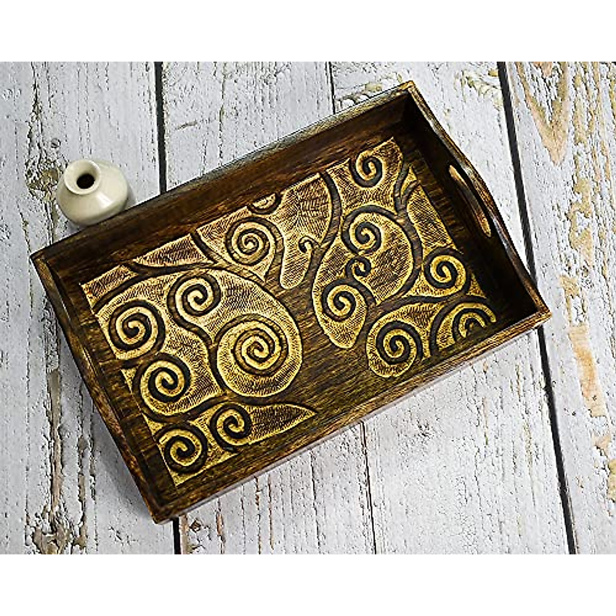 Ajuny Indian Handcrafted Rectangular Mango Wooden Decorative Serving Tray Platters with Handle Hand Carved Tree of Life Design
