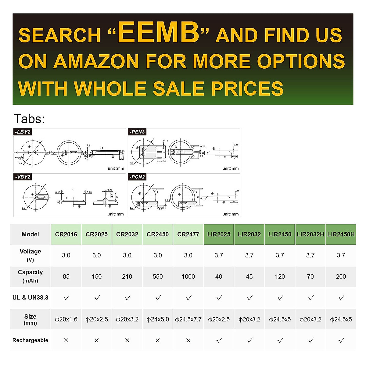 EEMB 50PACK LIR2032 Rechargeable Battery 3.7V Lithium-ion Coin Button Cell Batteries 45mAh for Car Remote Key Fob Watch