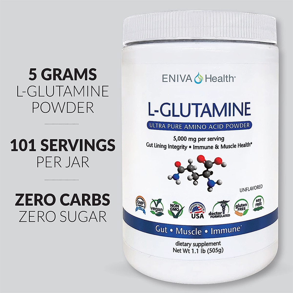 Eniva Health L-Glutamine Pure Powder, Unflavored (101 Servings) | Vegan, Gluten-Free, Sugar-Free, Non-GMO | Doctor-Formulated, USA Made | Gut Health, Leaky Gut, Bloating, Muscle Health, Immune System