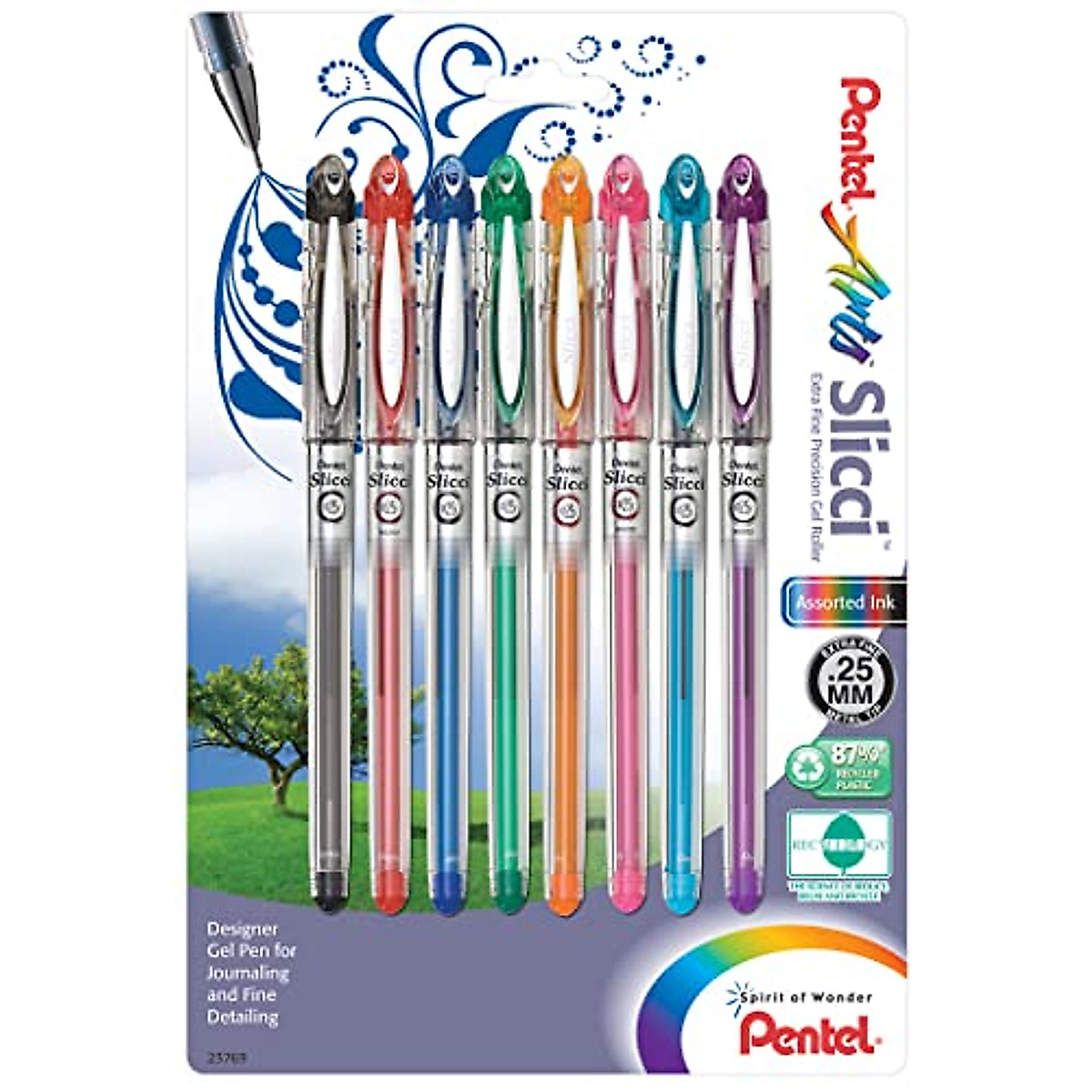 Pentel Slicci Gel Pens .25mm 8/Pkg-Assorted Colors, 1 pack of 8
