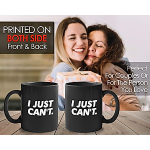 Bubble Hugs Brand Parody Coffee Mug 11oz Black - I JUST CAN'T - Funny Hype Sportswear Joke Quotes Gag Slang Slogan Do It