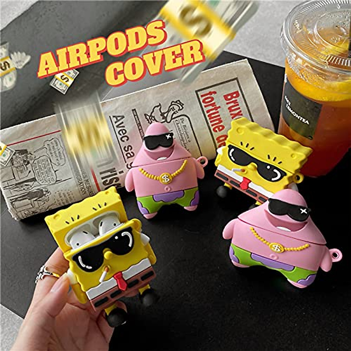 Airpods Case 3D Cute and Funny Anime Characters Cool Spongebob Squarepants and The Rich and Famous Patrick Star Advanced Soft Silicone Airpods Case (2pcs)