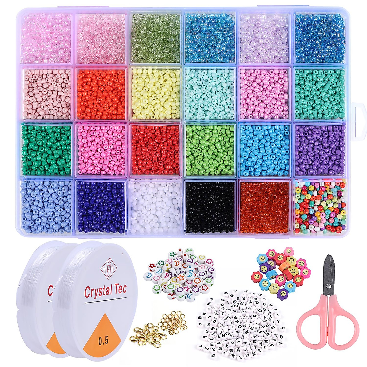 AnutriON 12000pcs 3mm Tiny Color Glass Seed Beads for Bracelets Making Kit and Smile Face Charm Beads Letter Beads for Friendship Bracelets Jewelry Making Necklaces and DIY Crafts Gifts