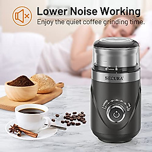 Secura Adjustable Coffee Grinder Electric, Spice Grinder Electric, Coffee Bean Grinder, Multipurpose Grinder for Spices, Herbs, Nuts, Grains with 1 Stainless Steel Blades Removable Bowl, Grey