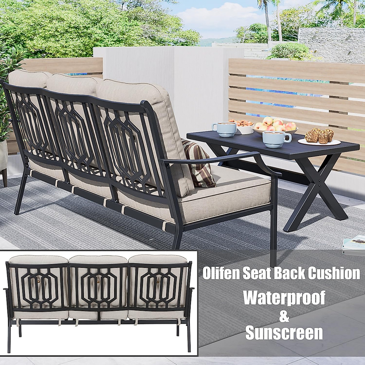 PatioFestival Patio Furniture Sofa, 3-Seat All-Weather Metal Outdoor Patio Furniture with Cushions,Rectangular Coffee Table, Beige