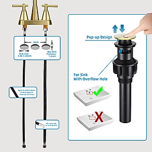 Bathroom Sink Faucet, SBOSBO 4 Inch Bathroom Faucet for Sink 3 Hole, 2 Handle Sink Faucet with Pop Up Drain Assembly and 2 Water Supply Hoses for RV Bathroom Vanity (Brushed Gold)