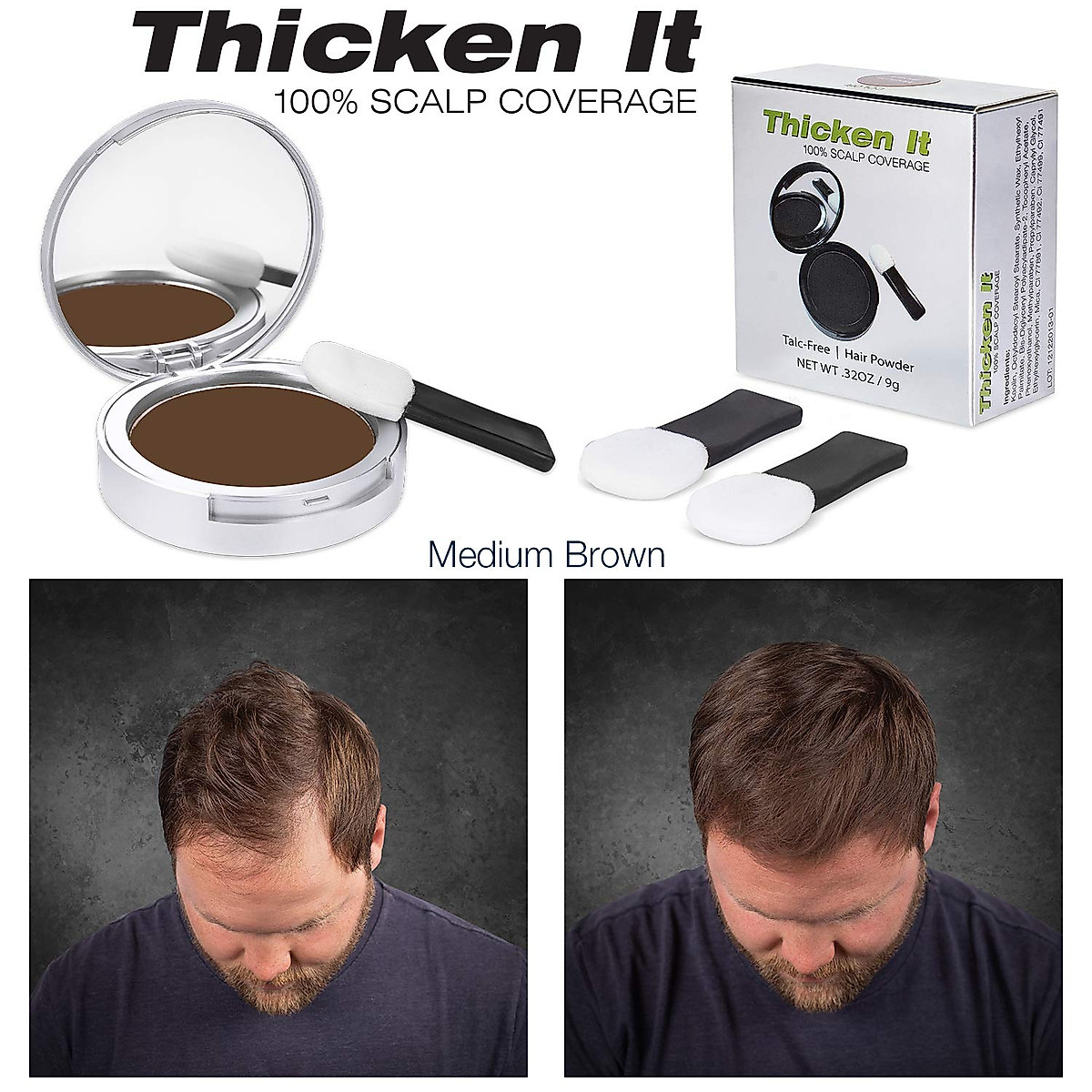 Thicken It 100% Scalp Coverage Hair Powder - MEDIUM BROWN - Talc-Free .32 oz. Water Resistant Hair Loss Concealer for men and women. Naturally Thicker Than Hair Fibers & Spray Concealers