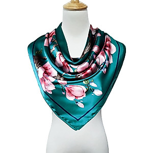 vabovin 35" Fashion Neckerchief Women's Silk Like Big Satin Square Hair Scarf Accessory (Blue Green Flowers)