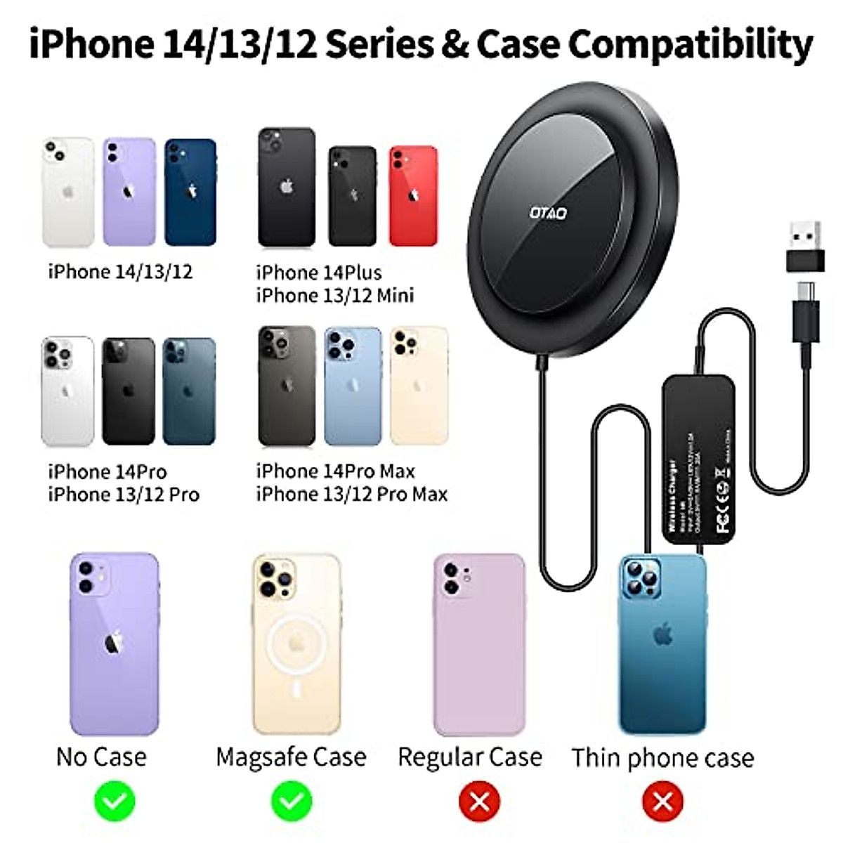 Magnetic Wireless Car Charger for iPhone 14 Pro Max/14 Pro/14/14 Plus/Magsafe case,iPhone 13/12 Series,OTAO Air Vent Clip [with QC3.0 Adapter] Windshield Dashboard Car Mount Phone Holder