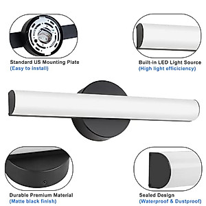 FOLKSMATE Modern Dimmable LED Vanity Light Bar Lighting Fixtures, 15.9 Inch LED Bathroom Light Fixture Over Mirror, 15W 1300LM Daylight White 5000K Wall Sconces Lighting, Black Bath Light Bar