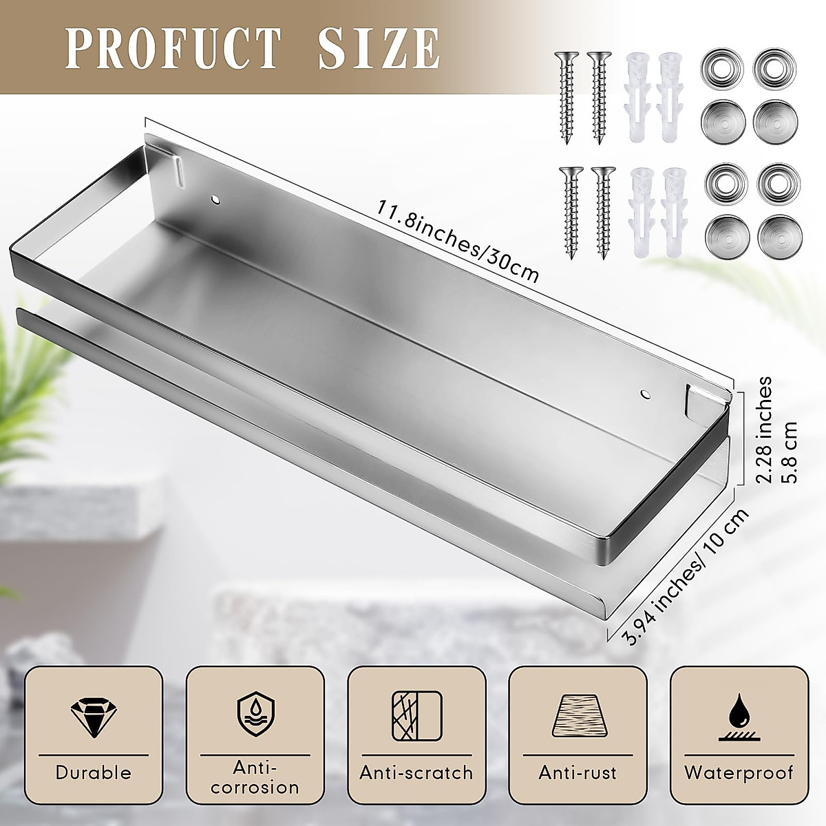 Lallisa 2 Pieces Stainless Steel Shelf Bathroom Shower Floating Shelves Wall Mounted Shower Caddy Basket Shelf Storage Organizer Shelves for Bathroom, Kitchen, Living Room (Silver,11.81 Inch/ 30 cm)