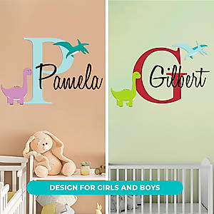 Custom Name & Initial Dinosaur Wall Decals I Personalized Dinosaur Bedroom Decor for Boys or Girls I Dinosaur Birthday Party Supplies I Nursery Wall Decal (Wide 32" x 20" Height)