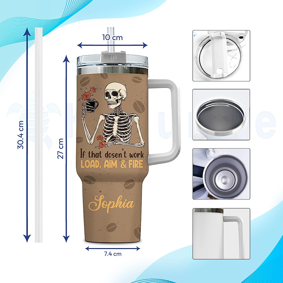 Hyturtle Personalized Goth Skull Tumbler - Gifts For Skeleton Lovers - Horror Lovers Gifts - Halloween Holiday Gifts For Women - Skeleton Gifts - Custom Name Travel Coffee Cup 40oz With Lid And Straw