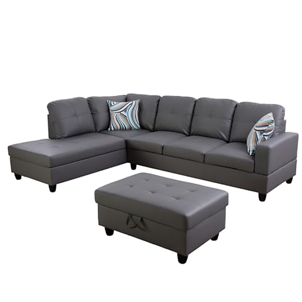 NOTOP 3-Piece Faux Leather L-Shaped Sectional Sofas, Button Tufted Upholstered Couch Set with Left Chaise Longue and Storage Ottoman, for Living Room, Home, Office, Dark Grey