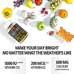 Vitamin D3 5000IU Gummies 125mcg with Calcium 600mg+K2( MK7 ) 200mcg, Coconut Oil for High Absorption, Maximum Strength Vitamin D Supplement - Support Strong Bones, Immune System Health Vegan 60 Count