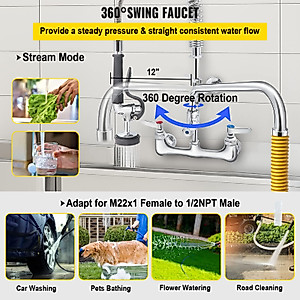VEVOR Commercial Faucet Pre-Rinse with Sprayer, 8in Adjustable Center Wall Mount Kitchen Faucet with 12" Swivel Spout, 36" Height Compartment Sink Faucet for Industrial Restaurant, Lead-Free Brass