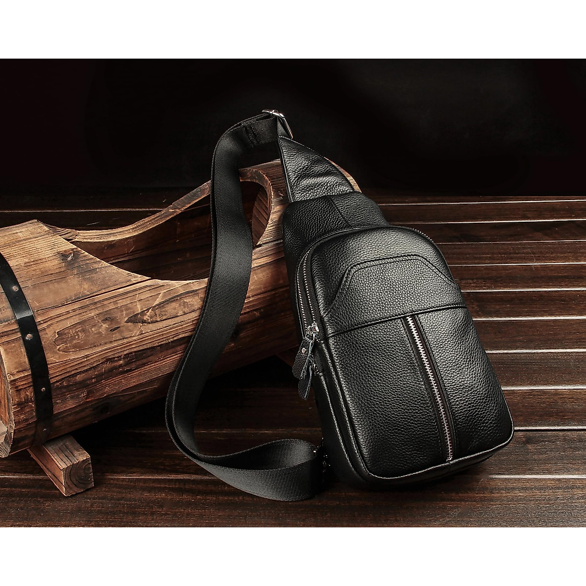 DK86 Genuine Leather Sling Bag for Men and Women Crossbody Small Fanny Packs Chest Travel Backpack Daypack Black