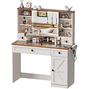 PAKASEPT Vanity Desk with Sliding Mirror and Lights, Glass Tabletop Makeup Vanity with 3 Lighting Modes, White Vanity Table with Power Strip&Hooks, Hidden Shelves, Girls Bedroom Vanities Set