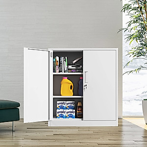 JINKUR Metal Storage Cabinet with Locking Doors and 2 Adjustable Shelves, Small Lockable Steel Storage Cabinets for Home Office Garage Kitchen Pantry (White)