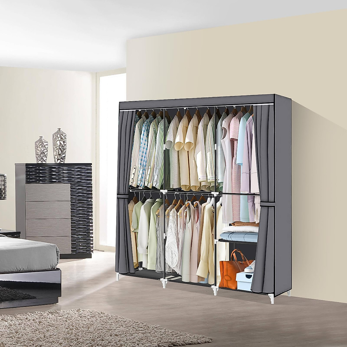 YOUUDI Portable Closet 50 Inch Wardrobe Closet for Hanging Clothes with Grey Non-Woven Fabric Cover and 5 Hanging Rods, Quick and Easy Assembly