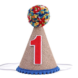 WAHAWU 1st Birthday Party Cone Hat - First Birthday Party Hat, Birthday Hats for Kids, Baby Girls/boys Birthday Cone Hat, Colored Fur Balls Hat, Party Photo Prop