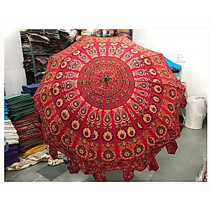Indian Hippie Flower Embroidery Garden Umbrella Parasols, Beautiful Beach Sun Shade, Lawn Coffee Table Decorative Party Wedding Theme Decorative Parasol Large Garden Umbrella 72" (Red)