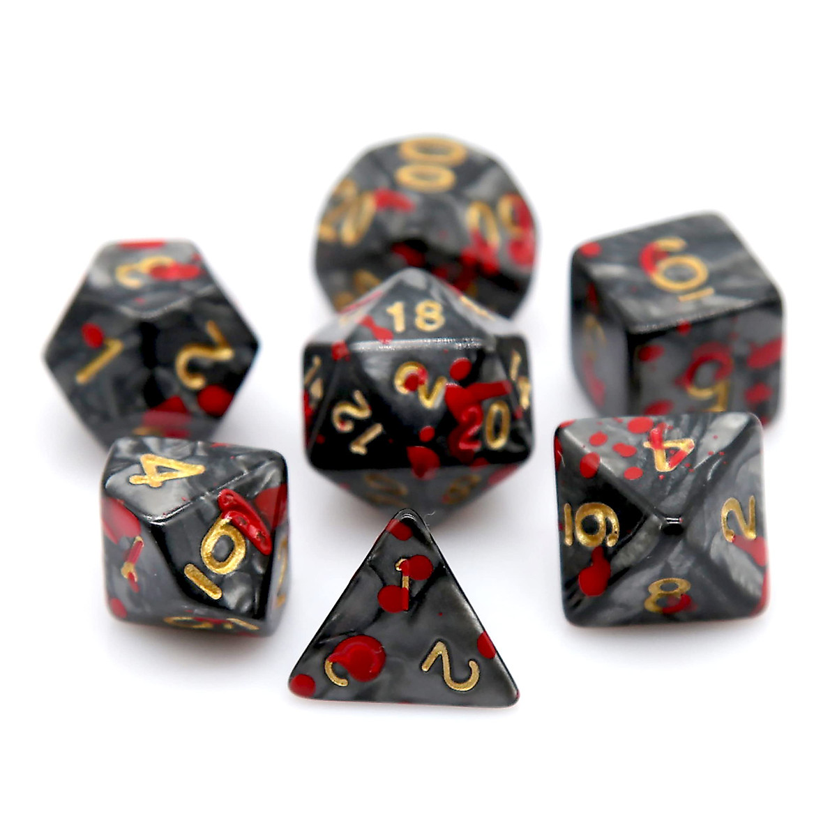 HS 2 Packs Blood Splatter Dice Black and White Dice Polyhedral 7-Die Dice Set for Role Playing Dice Games Polyhedral Dice Set for Dungeon and Dragons MTG RPG D&D D20 D12 D10 D10% D8 D6 D4
