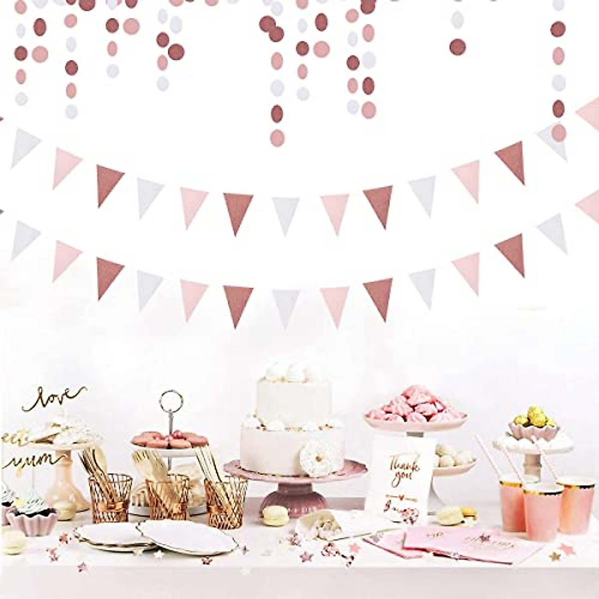 Rose-Gold Party Decorations Paper Garland Bachelorette Shower Engagement Wedding Birthday Party Bunting 2Ft Rose Gold Pink White Hanging Decoration Streamer 2 Pack Glitter Sprinkles Paper Triangle