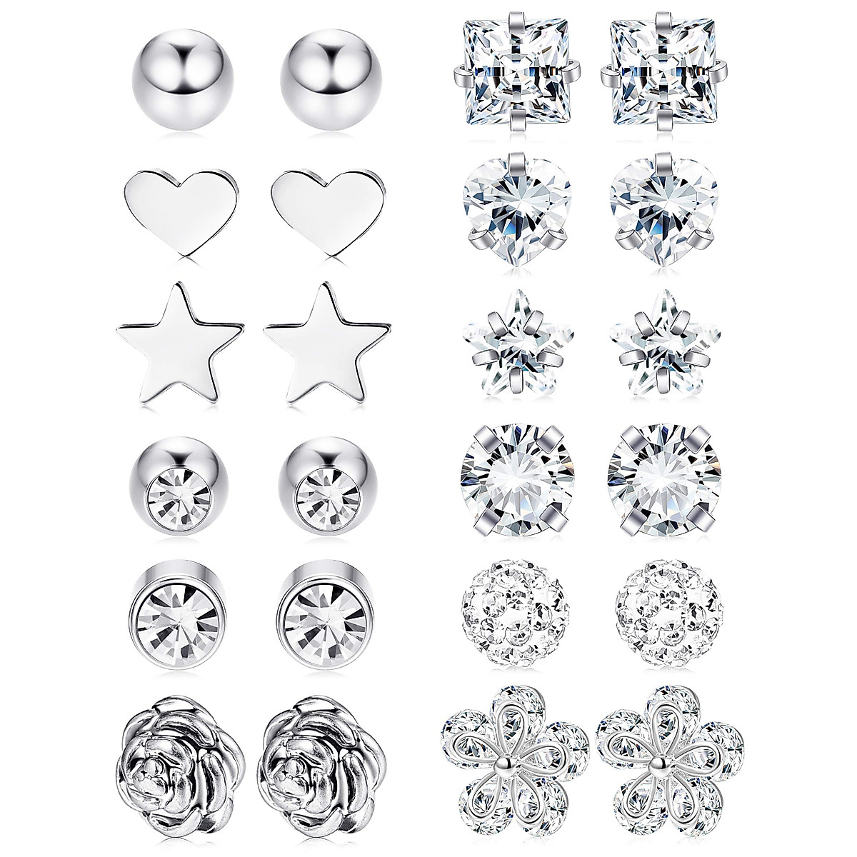 LOYALLOOK 12 Pairs Stainless Steel Ball Stud Earrings Barbell Cartilage Helix Ear Piercing 3-6mm 2 Colors (18G 12 Pairs Silver Tone 4mm)