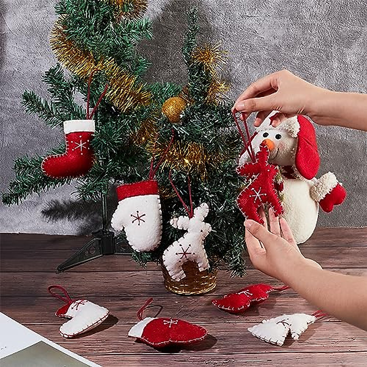 CRASPIRE 8pcs Felted Christmas Mittens Christmas Hand Decor with Cotton Rope Gloves Angel Sock Reindeer Xmas Hanging Ornament Felt Crafts for Christmas Tree Decorations Party Accessory