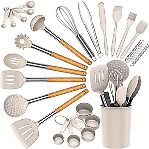 AHNR 33 Pcs Silicone Cooking Utensils Set, 446°F Heat Resistant Kitchen Utensils, Spatula, Spoon, BPA Free Wooden Handle Silicone Kitchen Gadgets Utensil Set with Holder for Non-Stick Cookware Khaki