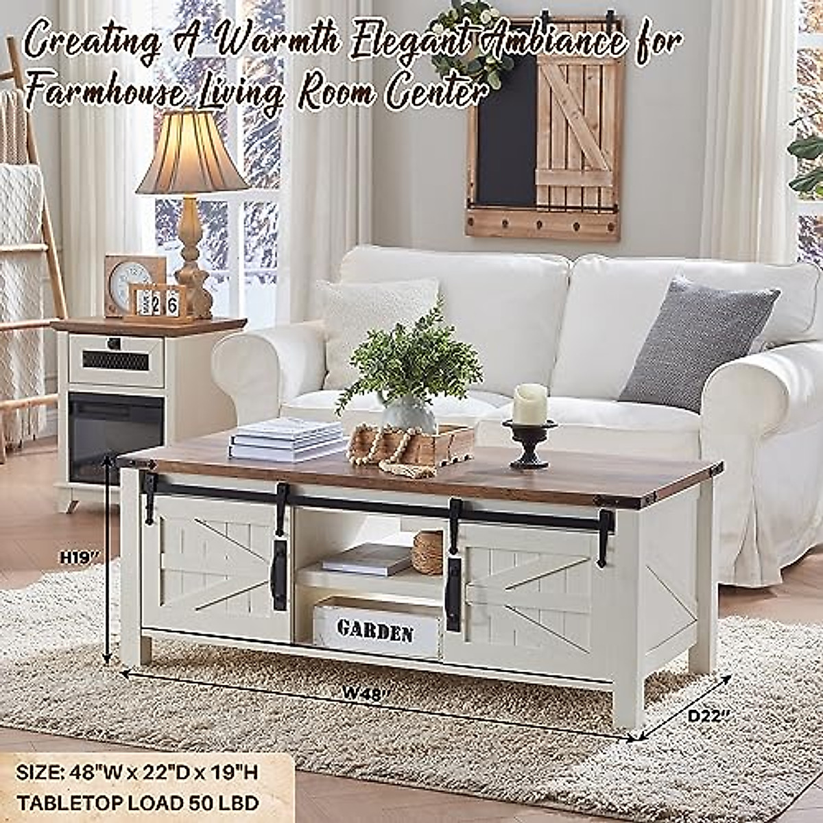 OKD Farmhouse Coffee Table, 48" Storage Center Table with Sliding Barn Doors, Rustic Wood Rectangular Cocktail Table with w/Adjustable Shelves for Living Room, Antique White