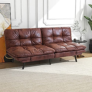 LIFERECORD Futon Sofa Bed Faux Leather Modern Convertible Sofa Memory Foam Daybed with Adjustable Armrests for Living Room, Nut Brown