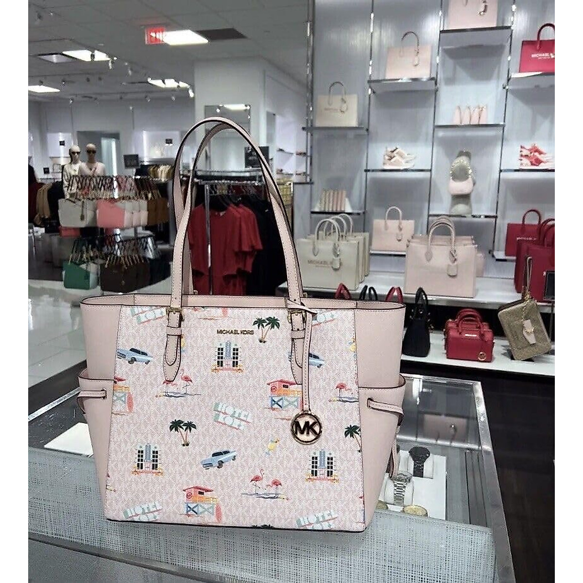Michael Kors Gilly Large Drawstring Tote Light Powder Blush Pink MK Signature Miami Beach Palm Trees Flamingos 35S3G2GT7V