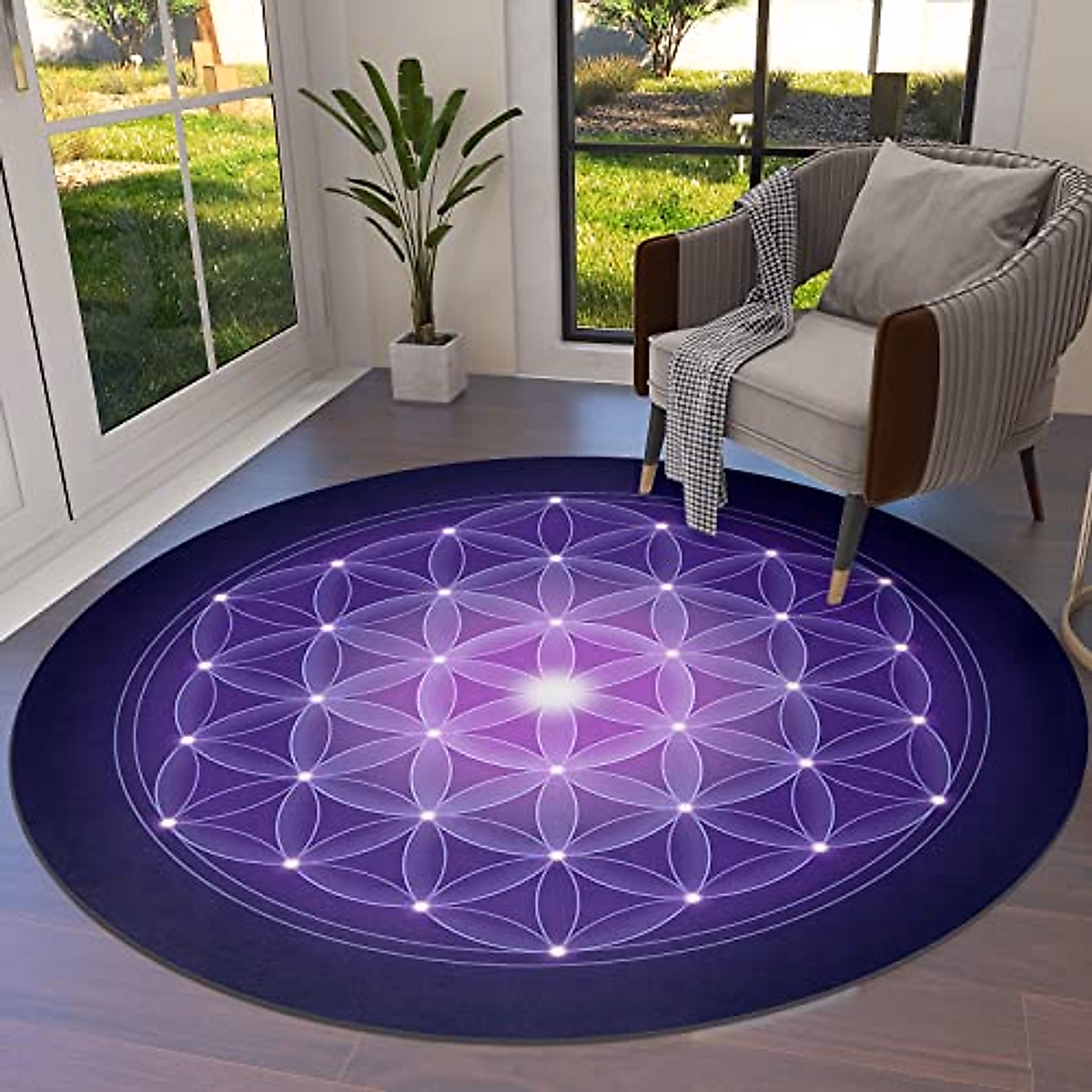 AmbeHome Round Area Rugs Baby Cushion 6 ft, Modern Carpet Floor Cover Nursey Rugs for Kids Play Room/Living Room, Flower of Life with Stars Sacred Geometry Ancient Print, Sturdy Soft Kitchen Mat Rugs