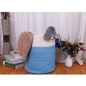 CraftEarth Blue Storage Basket for Nursery 40 by 35 cm - Woven Decorative Basket Large Natural Cotton Rope Basket with Handles