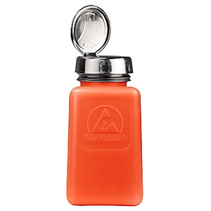 Menda 35270 One Touch Stainless Steel Liquid Dispenser Pump, ESD Safe durAstatic Square Bottle, 6 oz, High Density Polyethylene/Stainless Steel, Orange