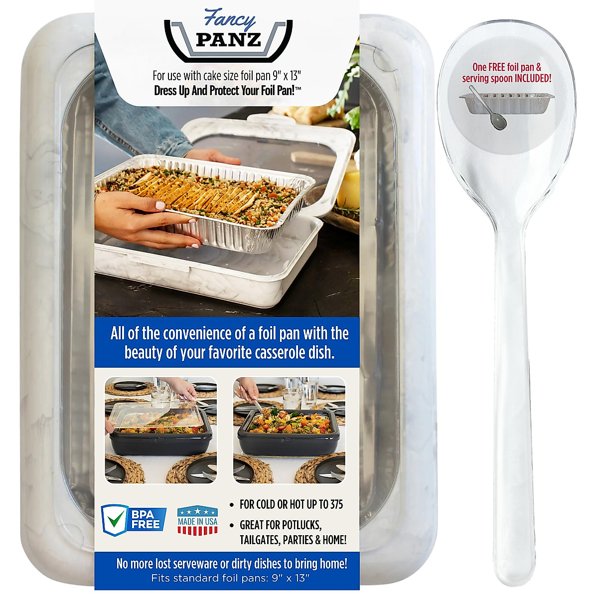 Fancy Panz, Serving Tray for Food, Made in the USA Foil Pan Carrier, Stackable Aluminum Pan Holders, 9x13x2 Cake Pan Travel Casserole Carrier With 1 Disposable Foil Pan & Serving Spoon, Marble