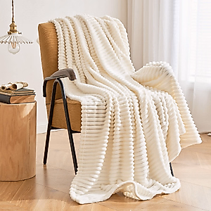 MIULEE Cream White Throw Blanket 3D Ribbed Jacquard Fleece Flannel Velvet Plush Decorative Bed Blanket (Throw, 50" x 60") - Super Soft, Lightweight, Warm and Cozy for Couch Sofa