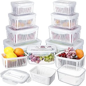 Rtteri 8 Pack Fruit Storage Containers for Fridge Produce Saver Containers for Refrigerator with Drain Colander Plastic Produce Keepers Refrigerator Organizer for Vegetable Berry Salad Lettuce (White)